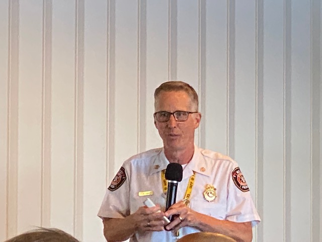 Above: Chief Jim Sharps updates the club on West Pierce Fire District.